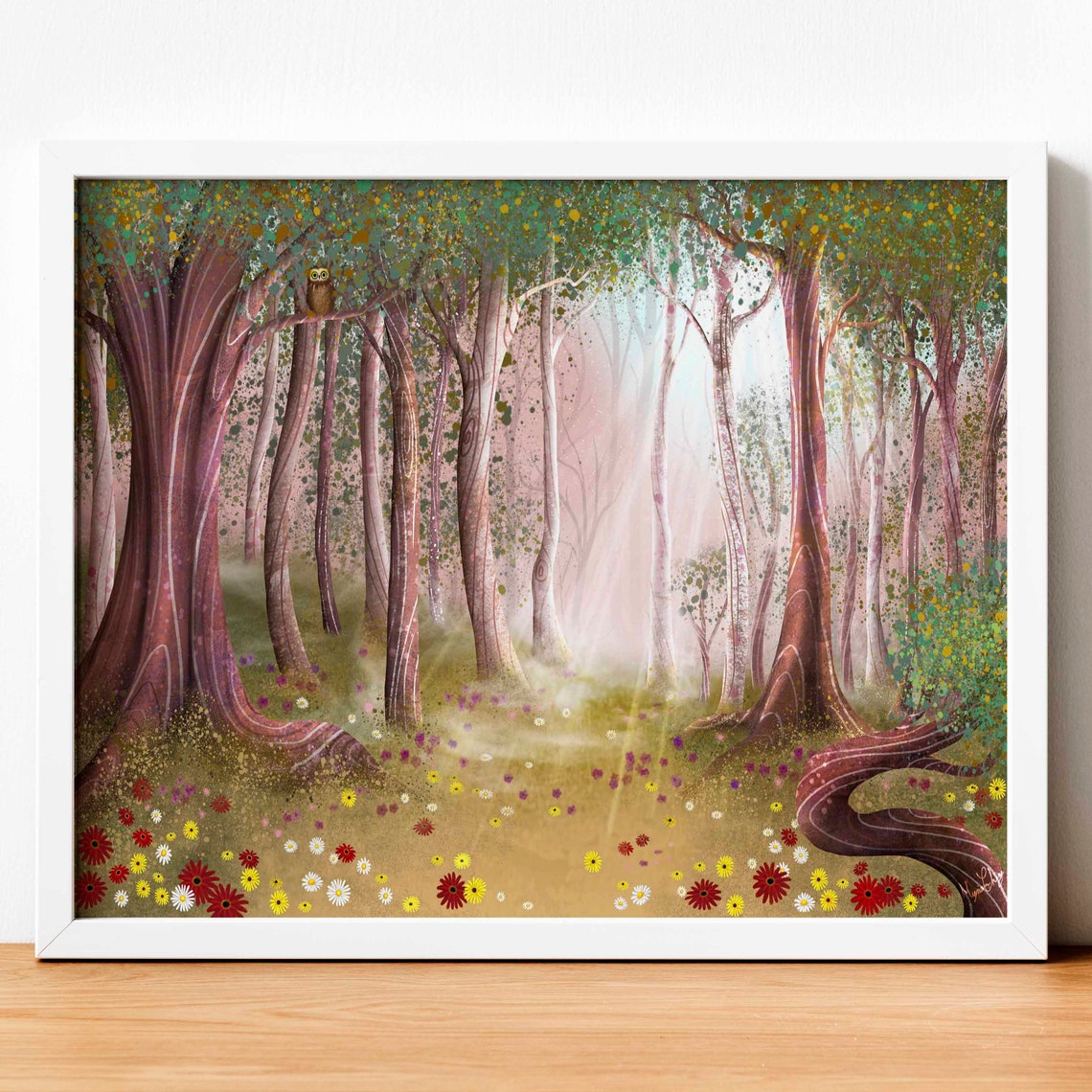 Pink Enchanted Forest Landscape Painting Forest Wall Art | Etsy