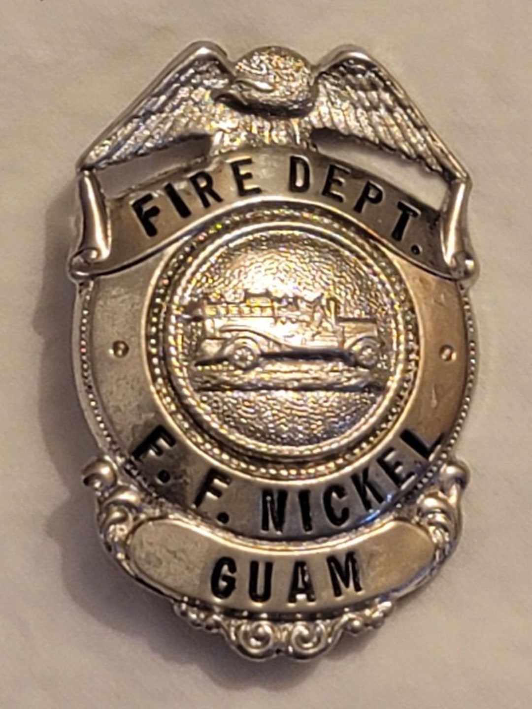 Antique Obsolete Fire Department F.F. Nickel GUAM Badge Officer First ...