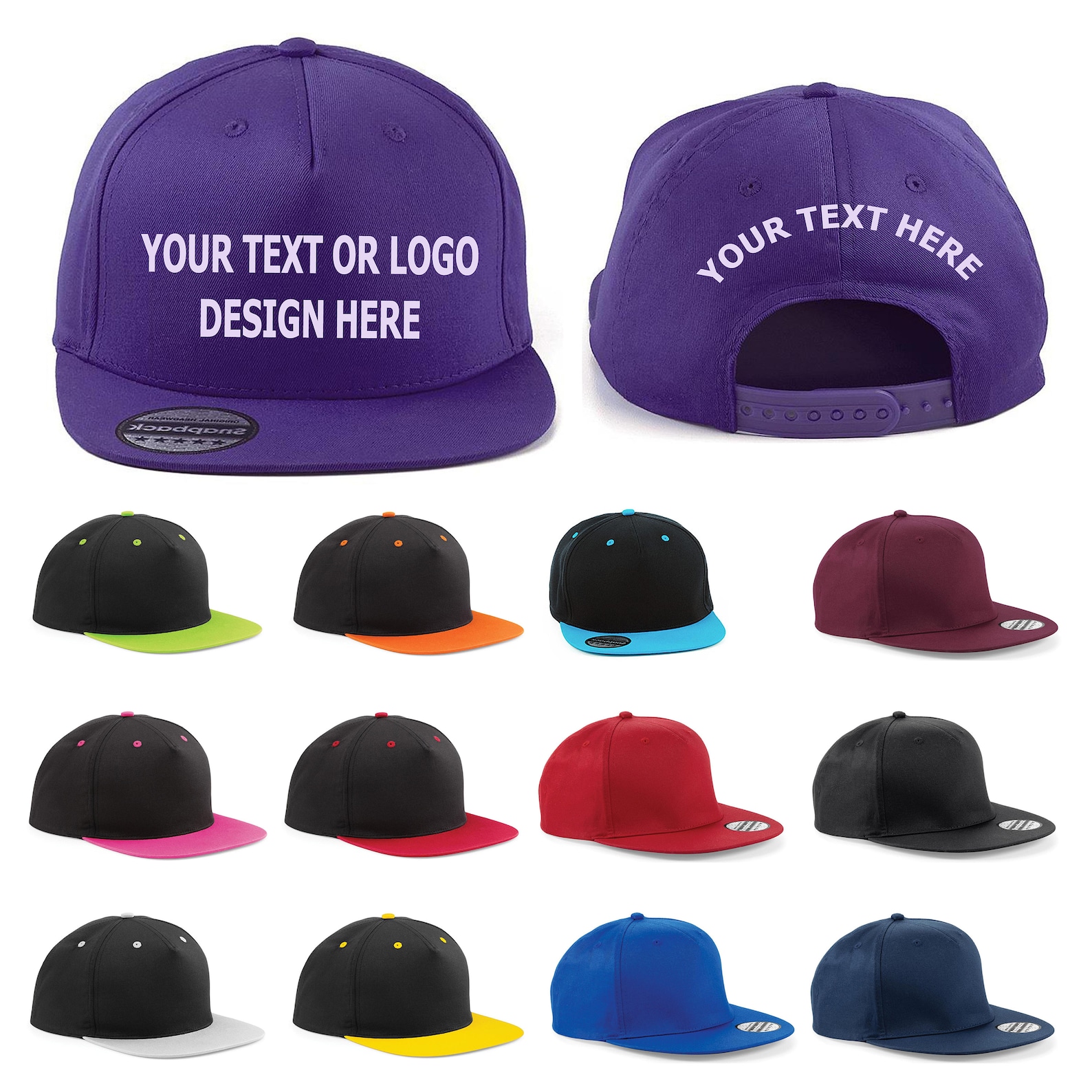 Personalized Snapback Cap: Custom Text/logo, Cotton Twill Flat Peak Hat ...