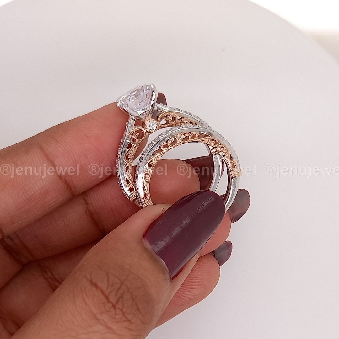 Two Tone Moissanite Bridal Set: 14k White Gold Eternity Wedding Band - Etsy