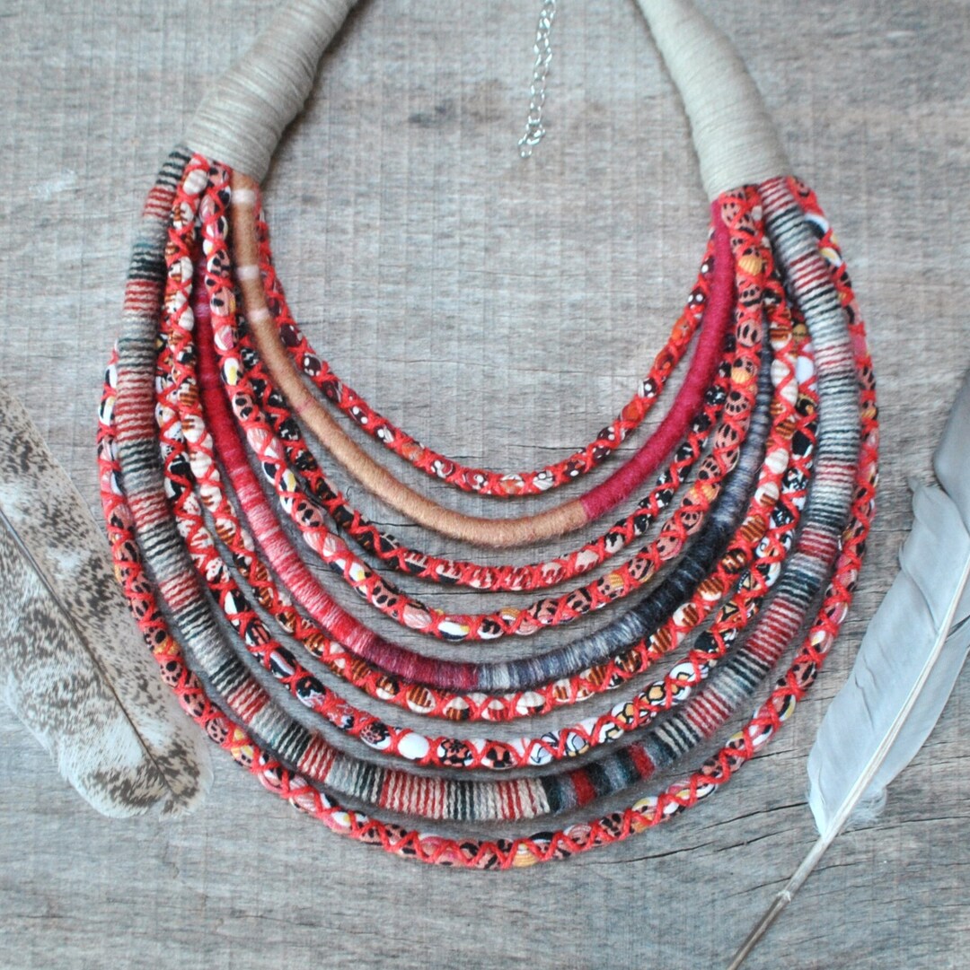 Statement African Fabric Necklace for Women, Red Big Ethnic Necklace ...