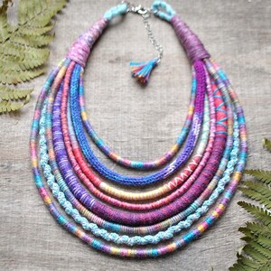 Statement Fabric Bohemian Necklace, Knitted Textile Necklace, Colorful ...