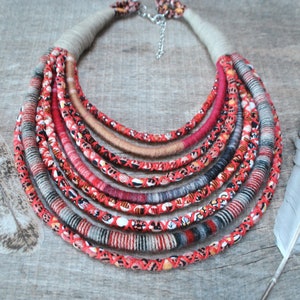 Statement African Fabric Necklace for Women, Red Big Ethnic Necklace ...