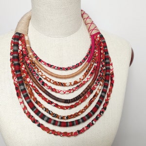 Statement African Fabric Necklace for Women, Red Big Ethnic Necklace ...
