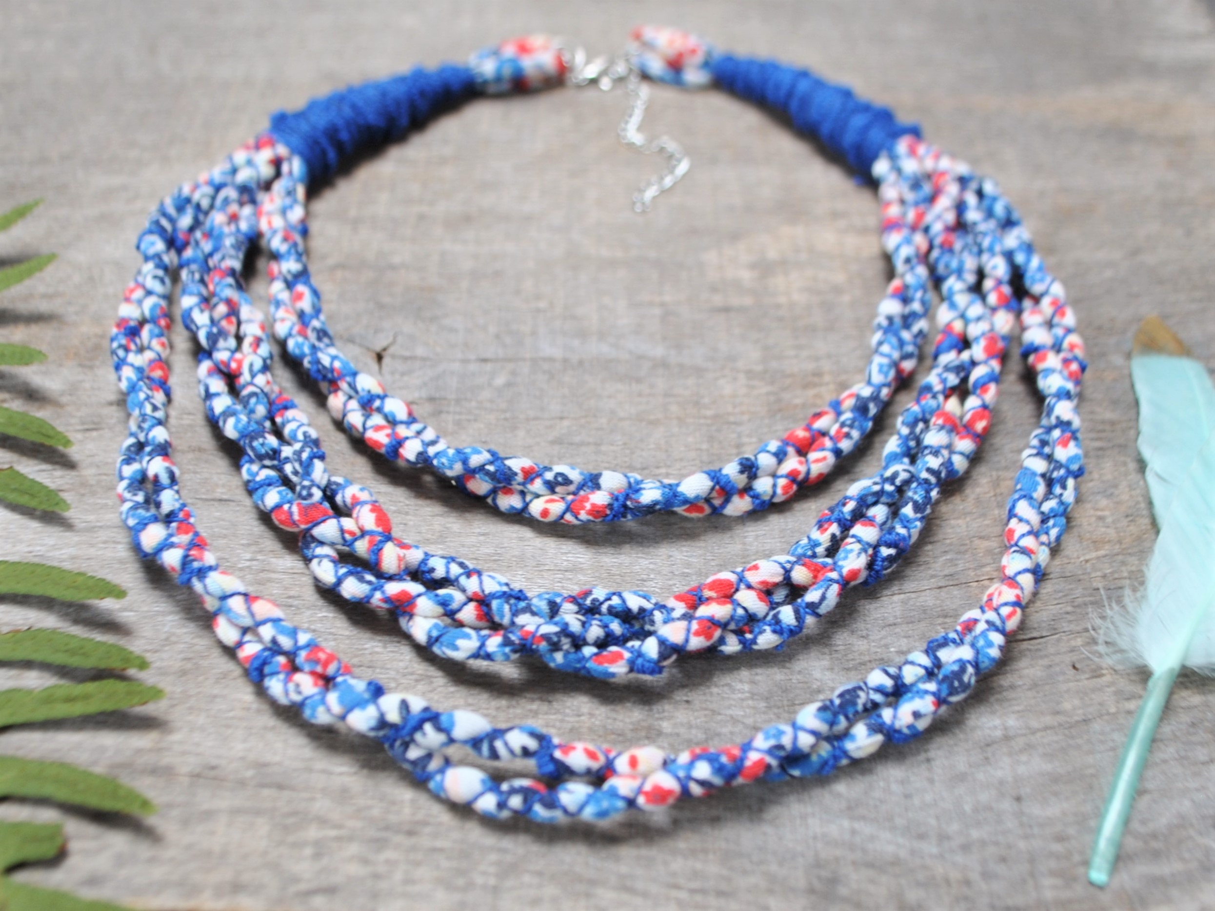 Boho Flower Fabric Necklace: Braided Textile Statement Collar, Upcycled ...