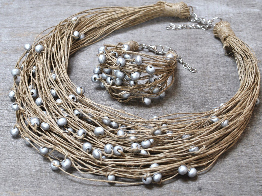 Statement Linen Cord Jewelry Set: Silver Wooden Beads Necklace & Cuff ...