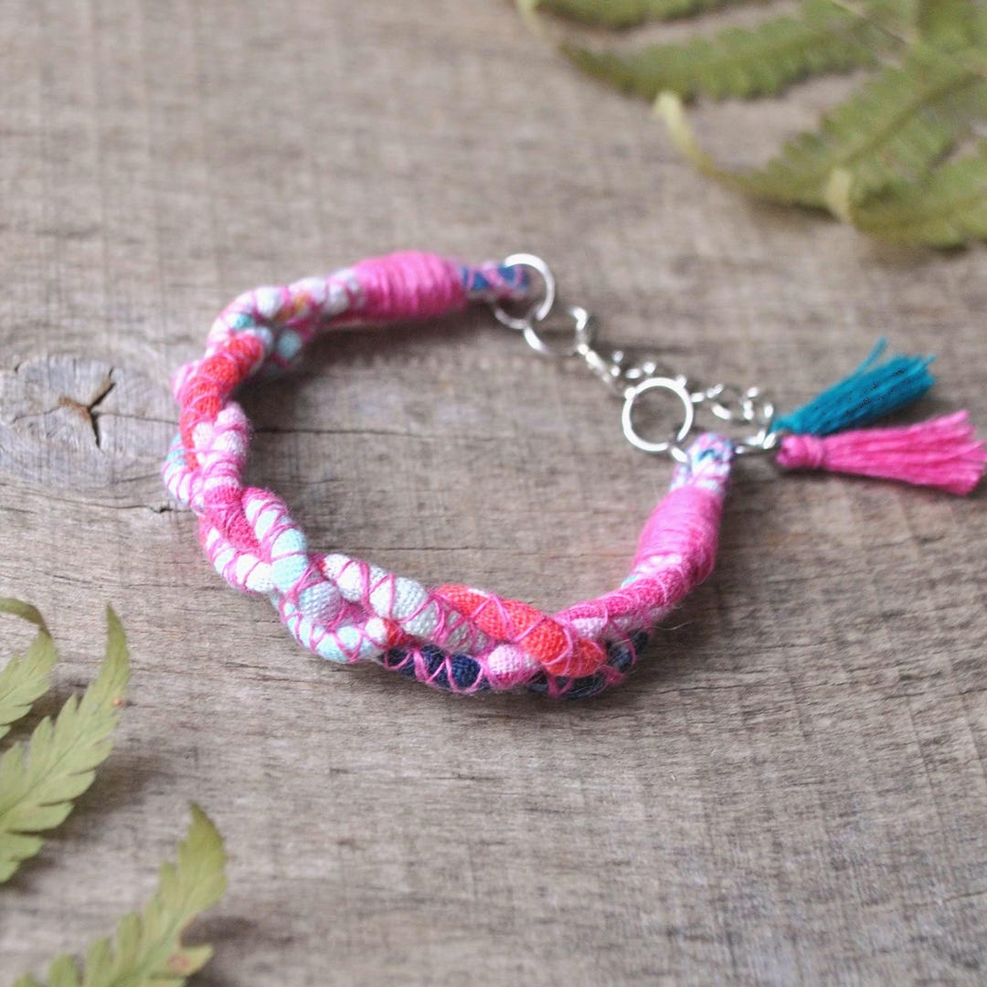 Organic Colorful Linen Fabric Bracelet: Pink Turquoise Braided Textile ...