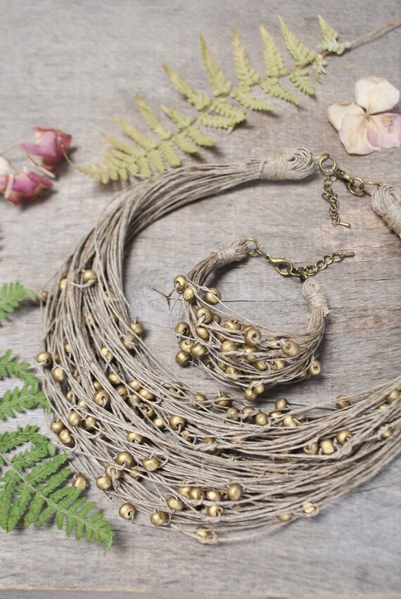 ECOmaniaa Eco Friendly Linen Jewelry Set Gold Beaded Bib Necklace Vegan Cuff Bracelet Rustic Supernatural Jewelry 50th Birthday Gifts for Women