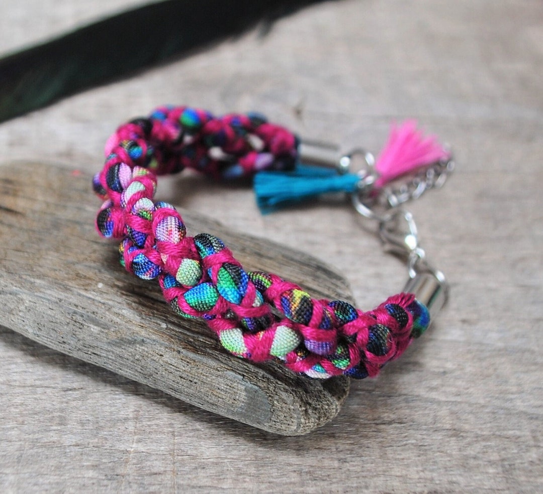 Bright Colorful Textile Bracelet With Tassel, Neon Fabric Cuff Bracelet ...