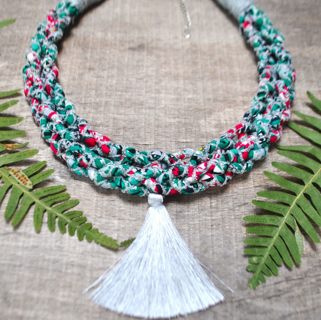 Long Handwoven Boho Fabric Necklace With Tassel, Braided Green ...