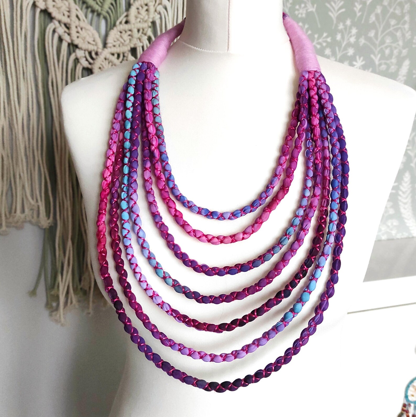 Long Layered Statement Necklace for Women Boho, Bright Colorful Fabric ...