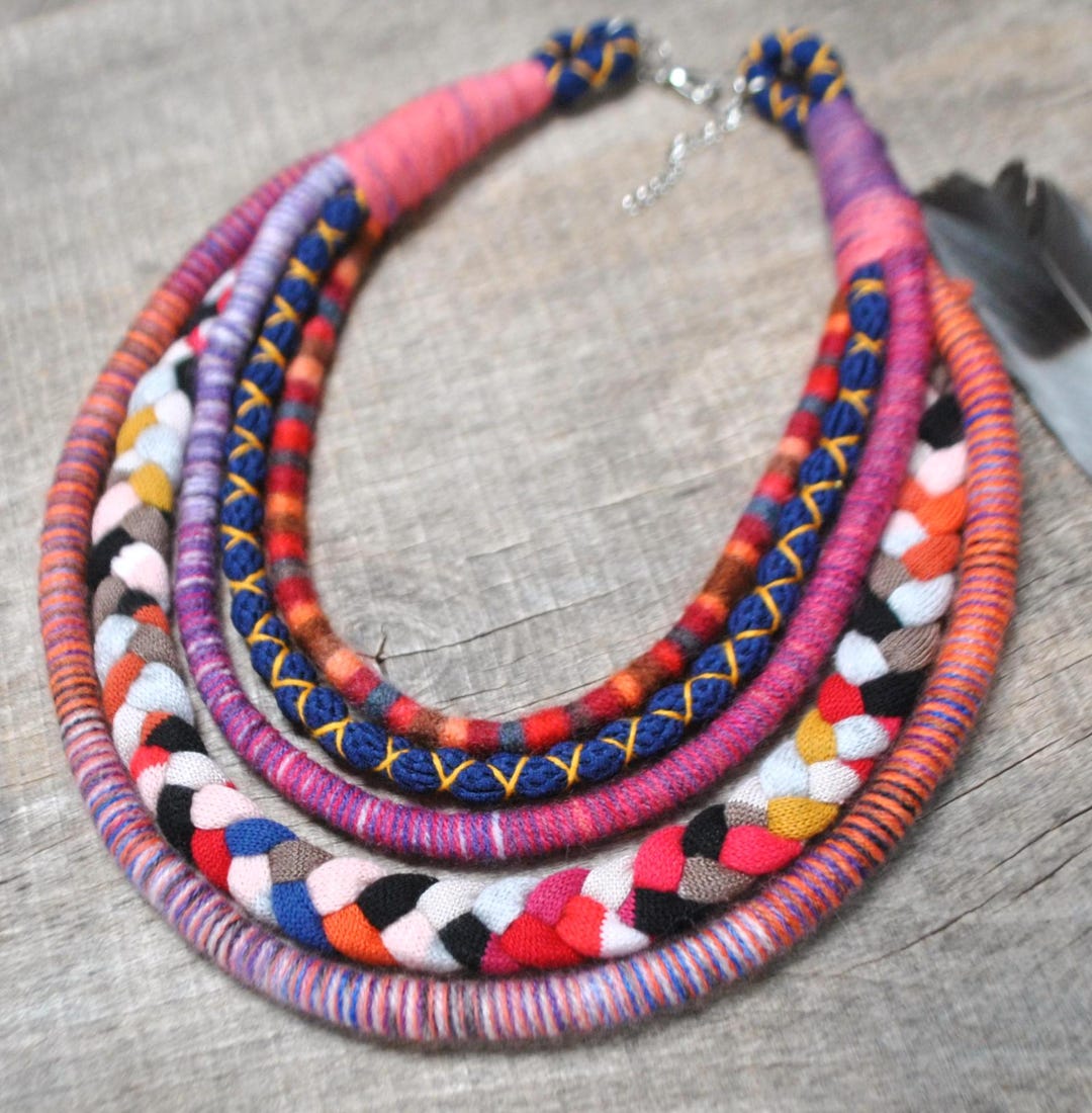 Multicolour Fabric Necklace, Colorful Statement Bib Necklace, Braided ...