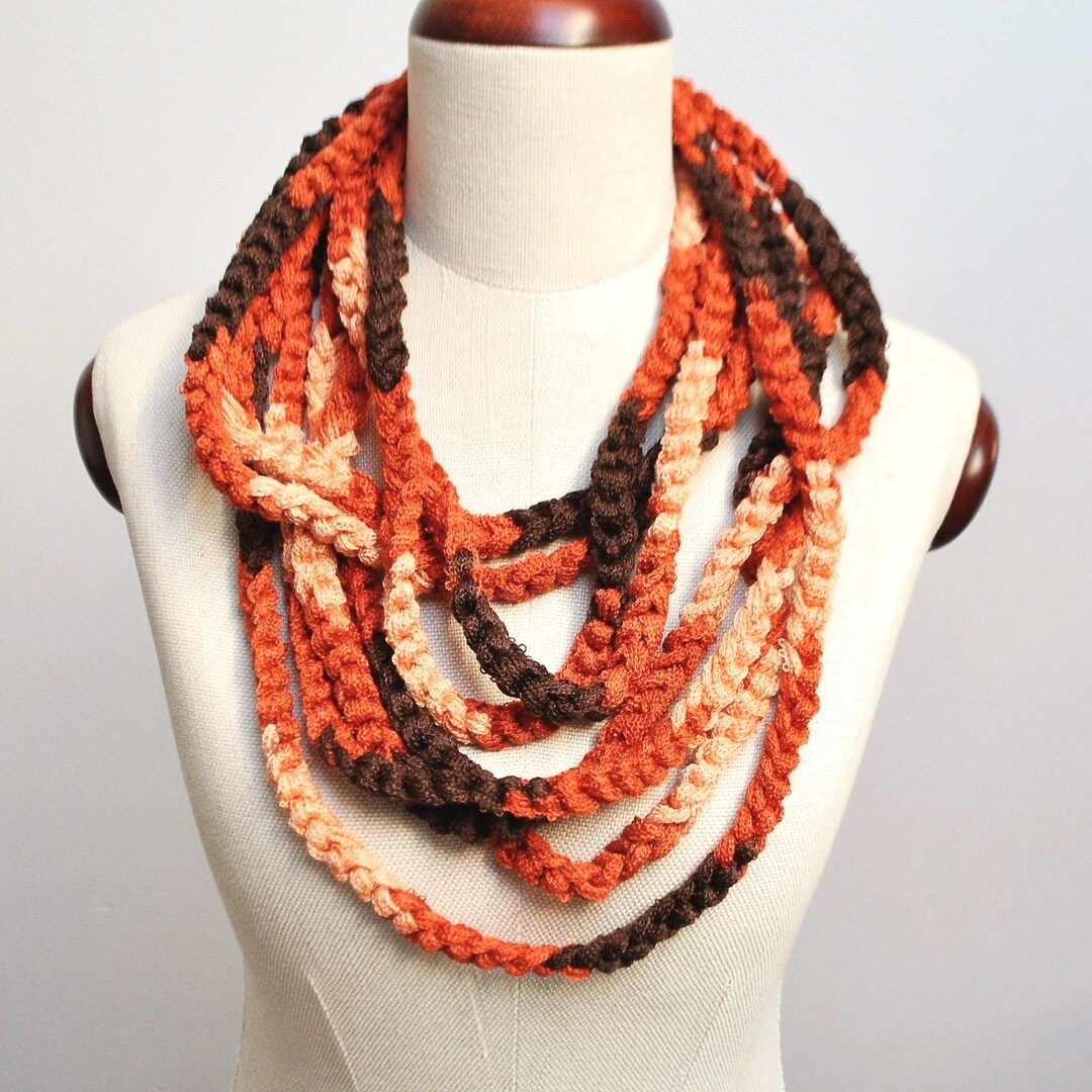 Terracotta Orange Finger Knit Infinity Scarf Necklace, Long Boho Skinny ...