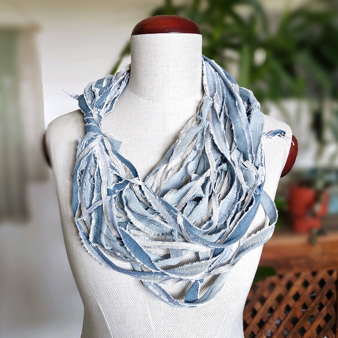 Frayed Blue Denim Scarf Necklace: Boho Recycled Fabric Statement ...