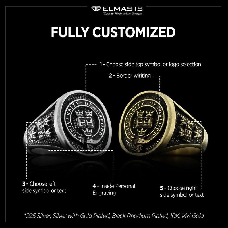 Silver Custom College Class Ring, School Ring, Signet Ring, Graduation ...