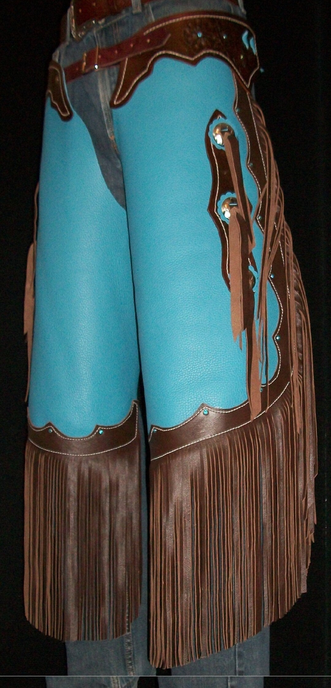 Custom Made Leather Chinks/new Chaps/ Floral Carved/ Bling/turquoise/r ...
