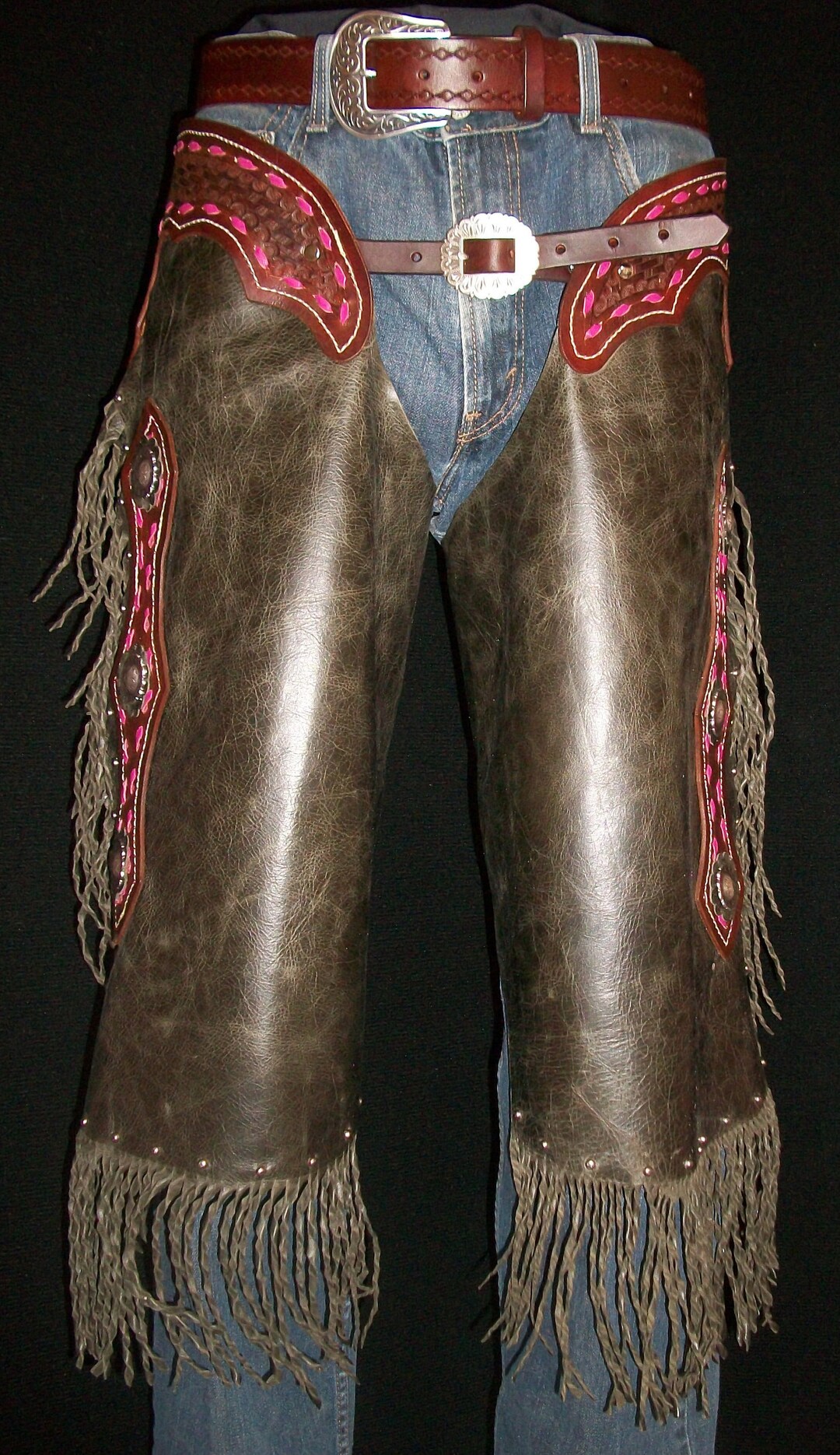Custom Made Leather Chinks/new Chaps/distressed/ Buck Stitched/studs/r ...