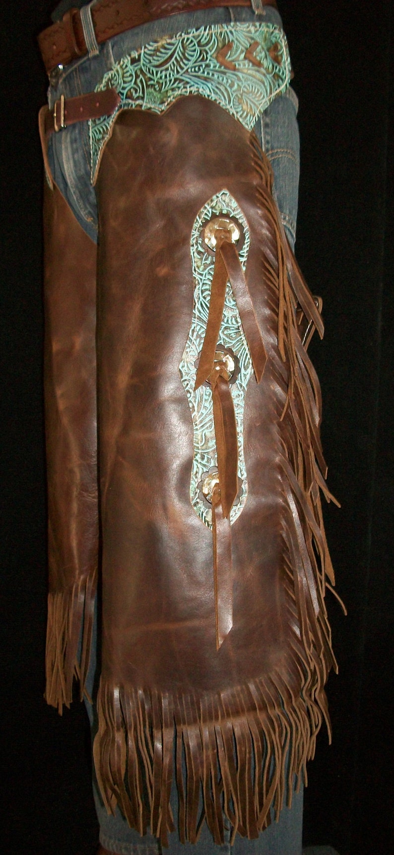 Custom Made Leather Chinks/new Chaps/distressed/ Turquoise/r | Etsy