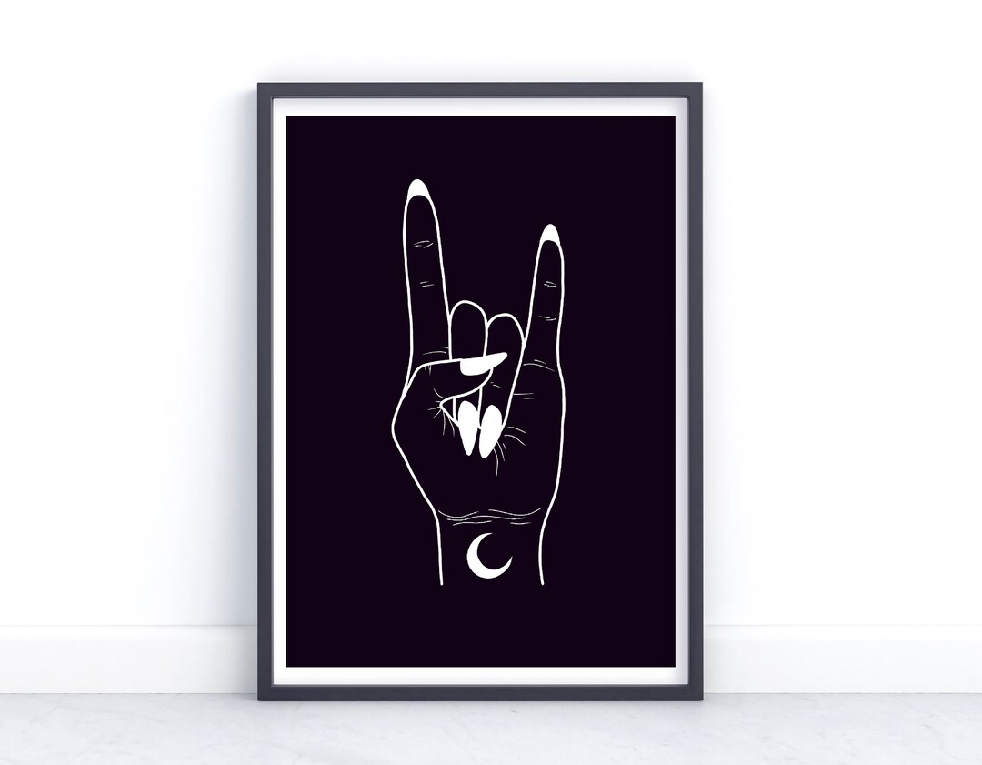 Rock on Hand Art Print. Black Celestial Witch Tattoo A4 A5 Wall Print ...