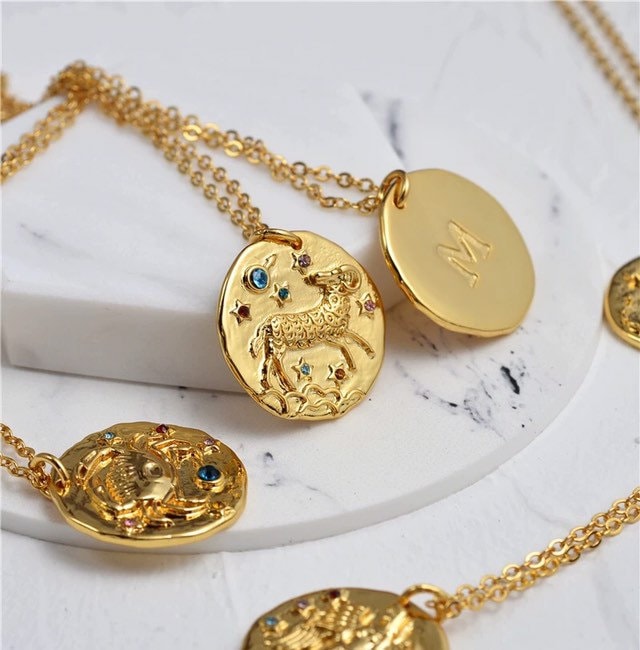14k Gold Coated Silver Zodiac Sign Coin Necklace Capricorn | Etsy