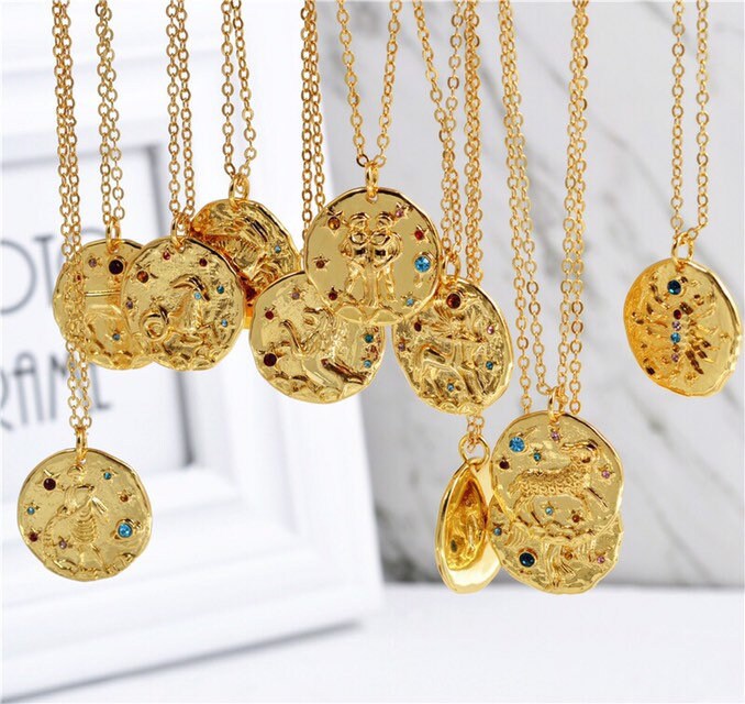 14k Gold Coated Silver Zodiac Sign Coin Necklace Pisces Coin | Etsy