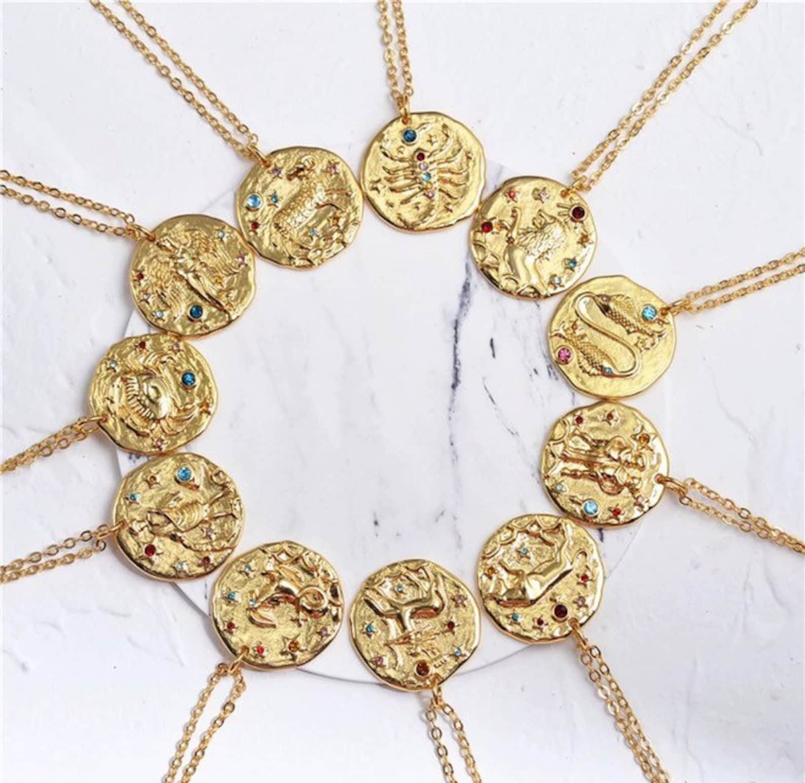 14k Gold Coated Silver Zodiac Sign Coin Necklace Libra - Etsy