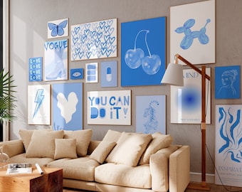 Blue Preppy Wall Art Set of 9, Hearts Poster, Pastel Preppy Room Decor ...