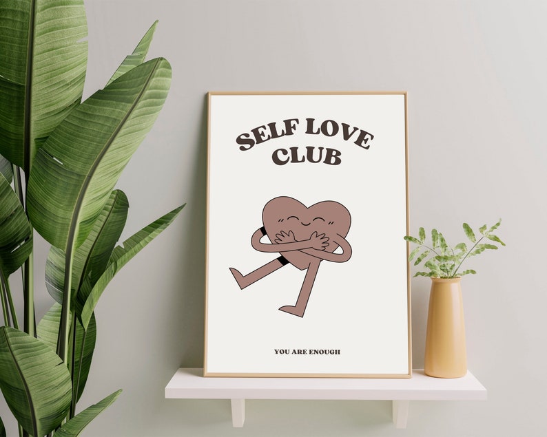 Retro Self Love Club Poster, Hugging Heart Wall Art Print, Trendy Print ...