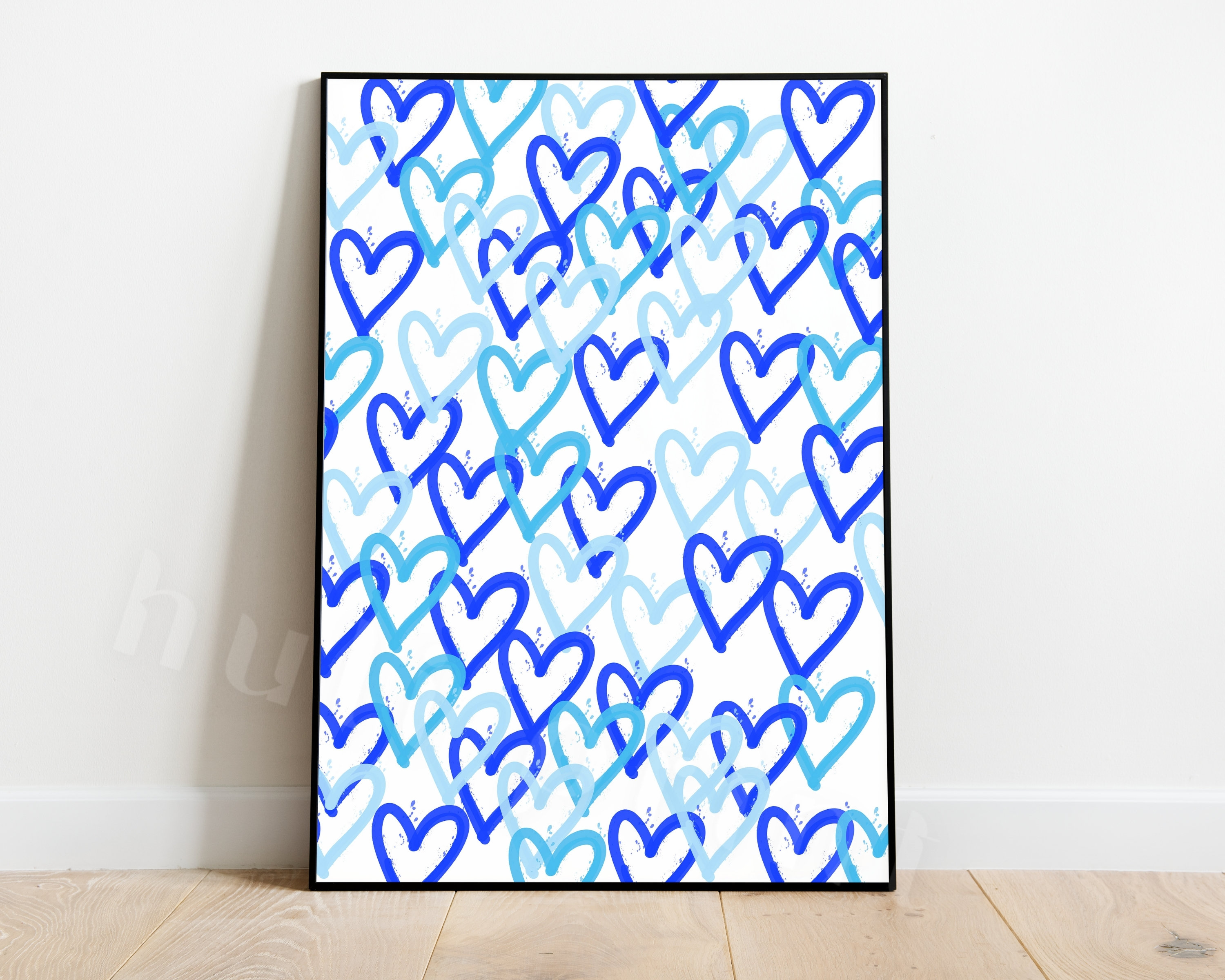 Blue Preppy Heart Wall Art, Blue Abstract Art, Printable Wall Art, Room ...