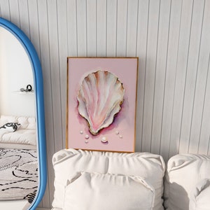Pink Oyster Watercolor Print, Seashell With Pearls Wall Art, Coastal ...