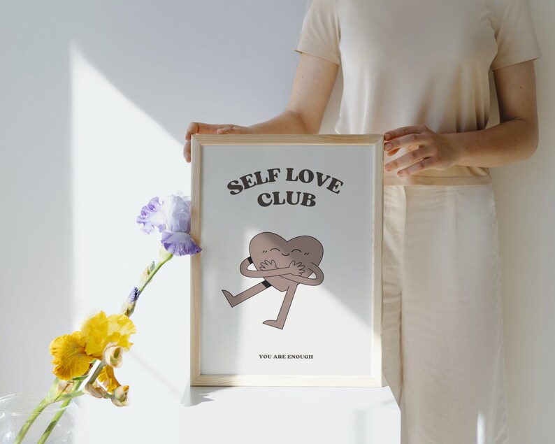 Retro Self Love Club Poster, Hugging Heart Wall Art Print, Trendy Print ...