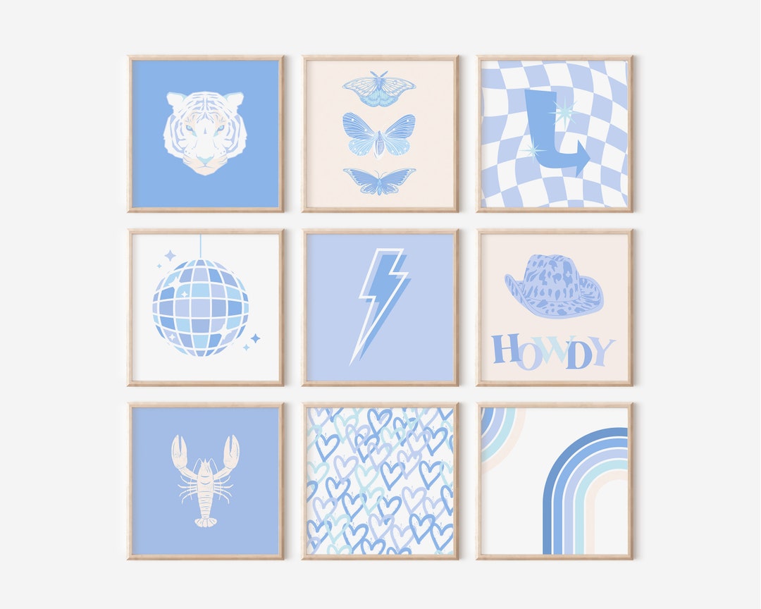 Blue Preppy Wall Art Set of 9, Hearts Poster, Pastel Preppy Room Decor ...
