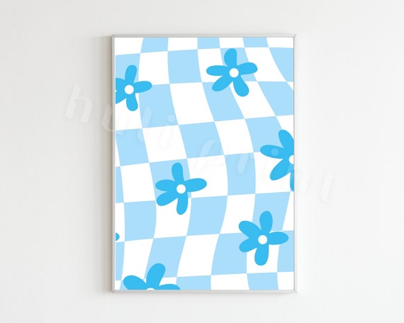 Checkered Wavy Print Blue Preppy Wall Art Retro Art Print - Etsy