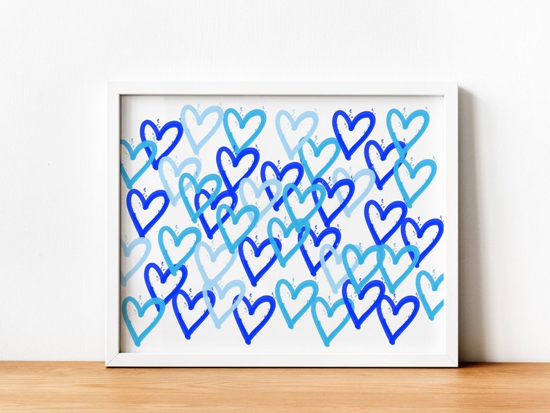 Blue Preppy Heart Wall Art, Blue Abstract Art, Printable Wall Art, Room ...