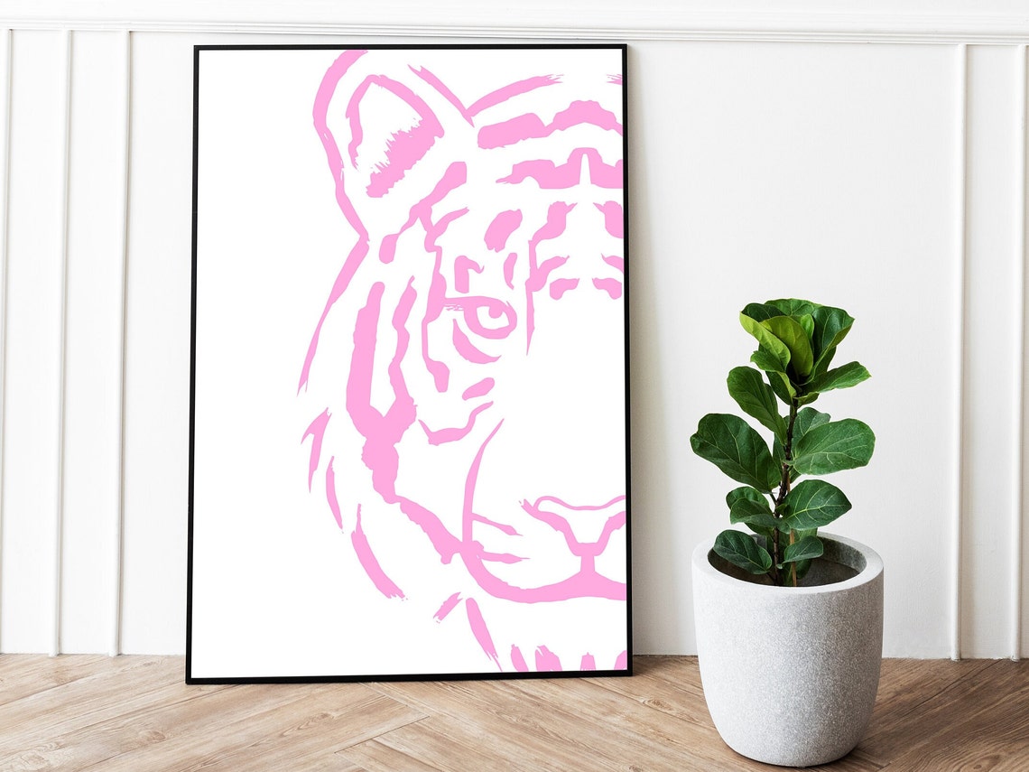 Preppy Tiger Poster Feline Pink Wall Art Wild Cat Poster - Etsy