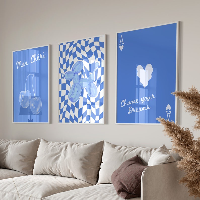 Blue Preppy Wall Art, Checkered Print, Trendy Cherries Apartment Decor ...