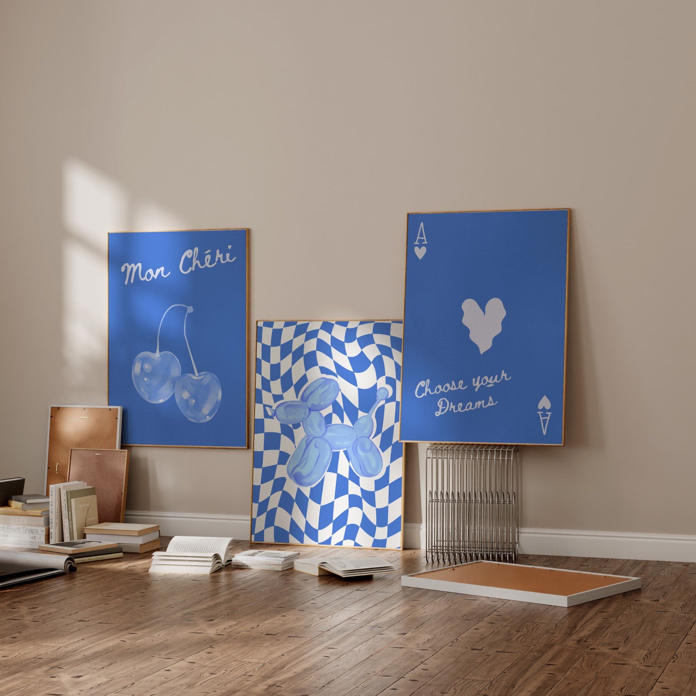 Blue Preppy Wall Art, Checkered Print, Trendy Cherries Apartment Decor ...