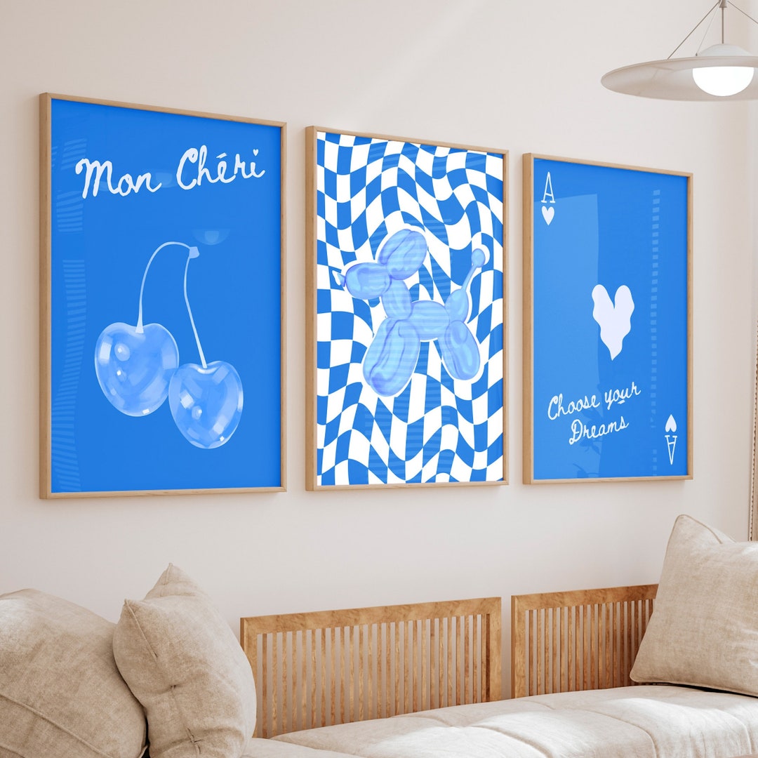 Blue Preppy Wall Art, Checkered Print, Trendy Cherries Apartment Decor ...
