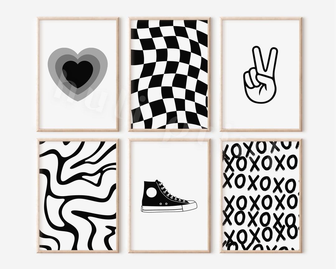 Black Preppy Wall Art Set of 6, Retro Posters, Preppy Room Decor ...