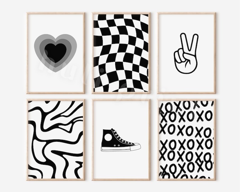 Black Preppy Wall Art Set of 6, Retro Posters, Preppy Room Decor ...