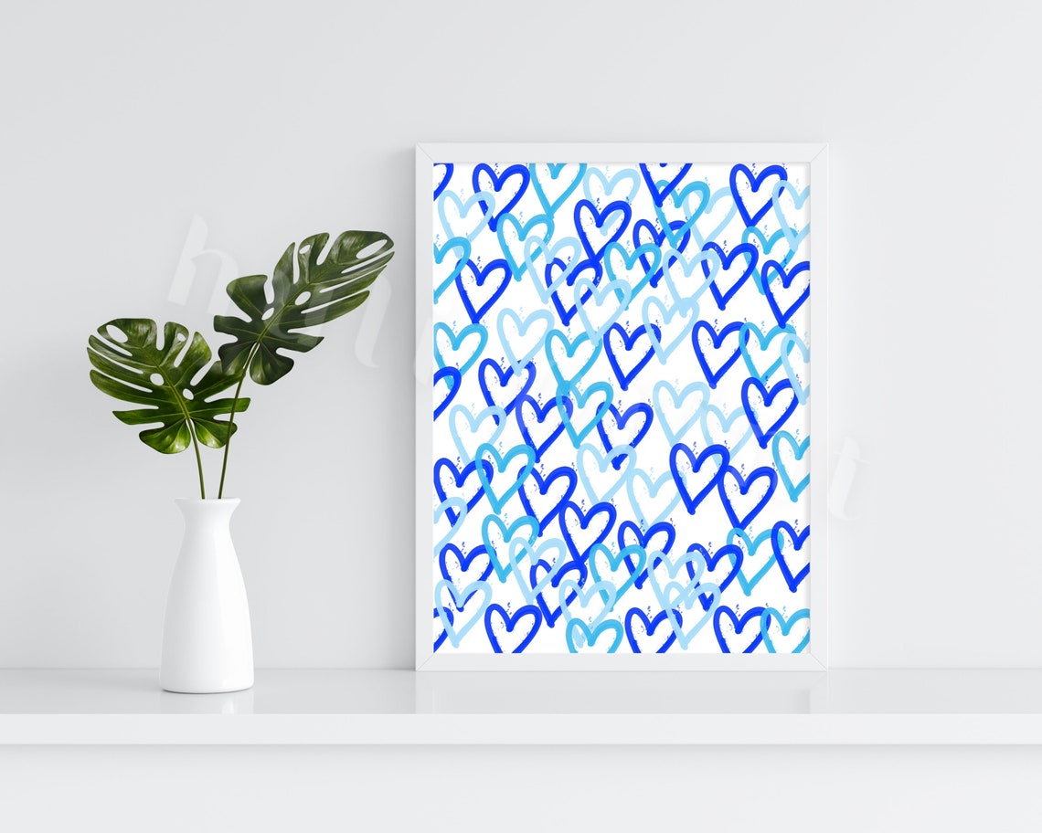Blue Preppy Heart Wall Art, Blue Abstract Art, Printable Wall Art, Room ...