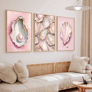 Pink Oyster Watercolor Print, Seashell With Pearls Wall Art, Coastal ...