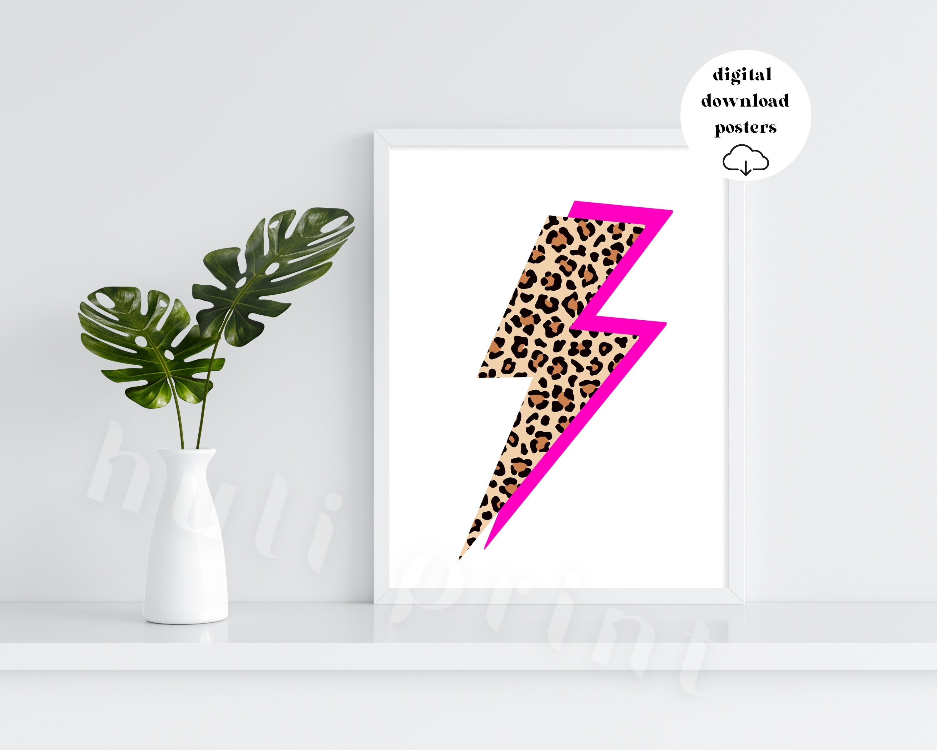 Pink Lightning Bolt Poster, Preppy Wall Art, Leopard Lightning Bolt ...