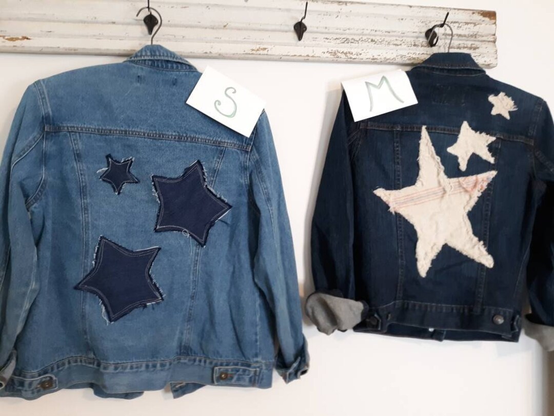 Denim Distressed Jacket With Vintage Material Stars Added to Back - Etsy