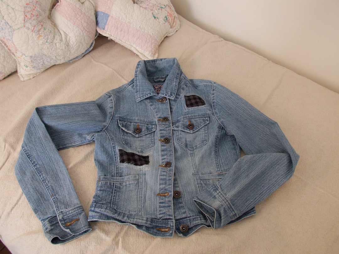 Distressed Jean Jacket With Black Grey Buffalo Plaid Patches - Etsy