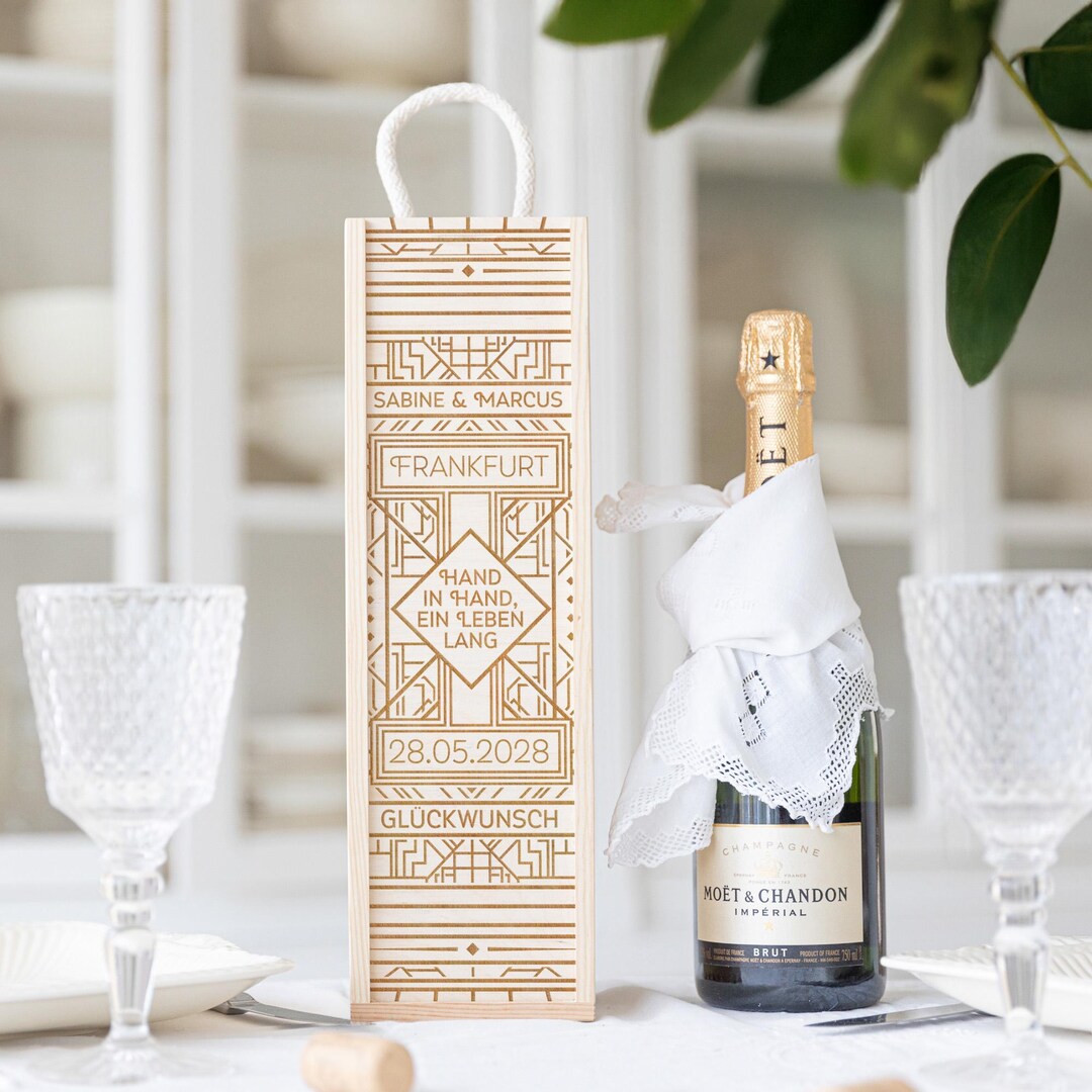 Engraved Wooden Wine Box – Art Deco Design, Wedding & Anniversary Gift ...
