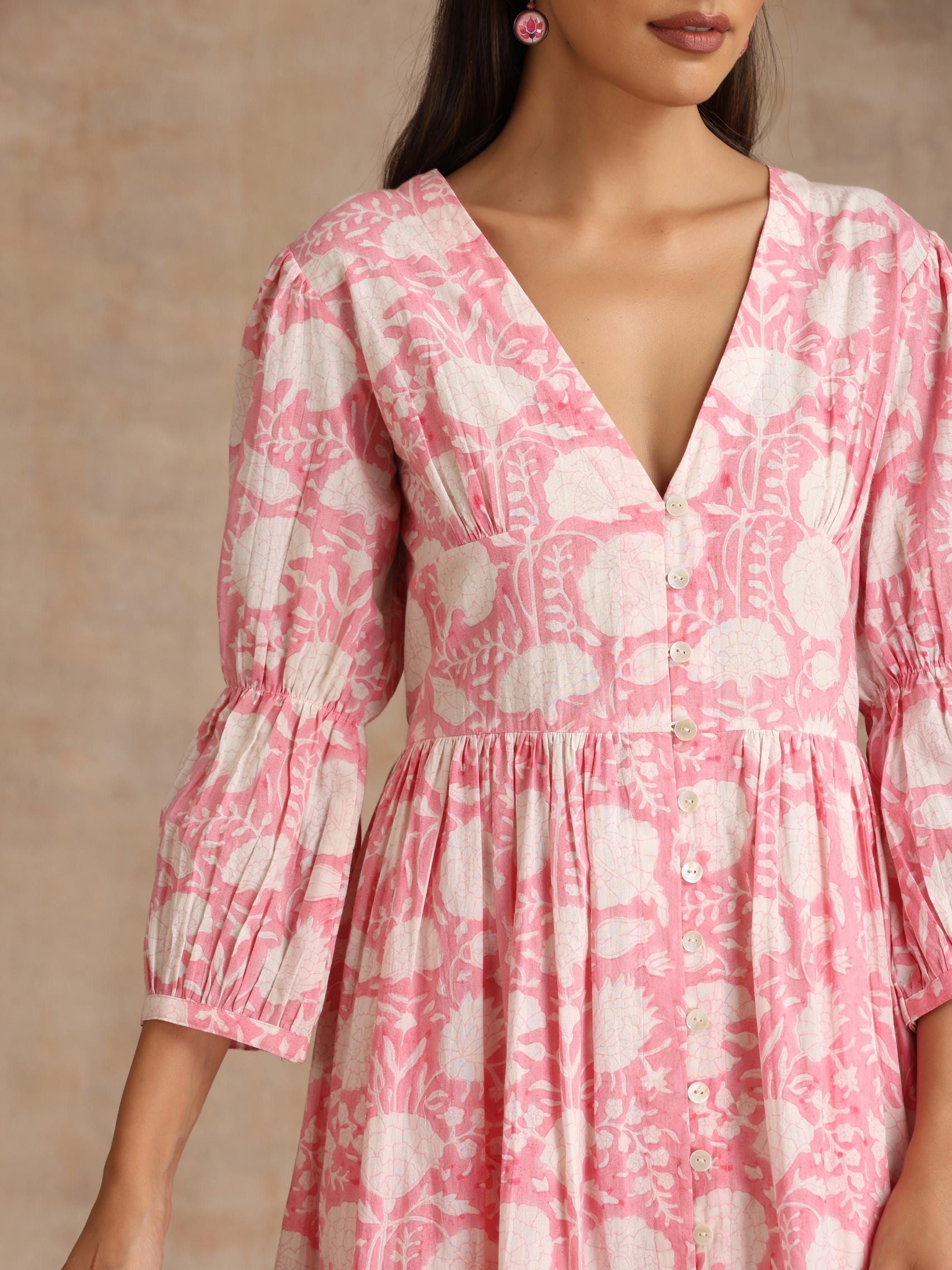 Deep Neck Block Print Floral Pink Dress With Pleats - Etsy