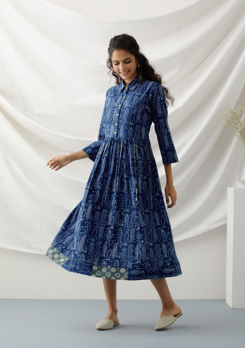 Indigo Fish Print Dress - Etsy