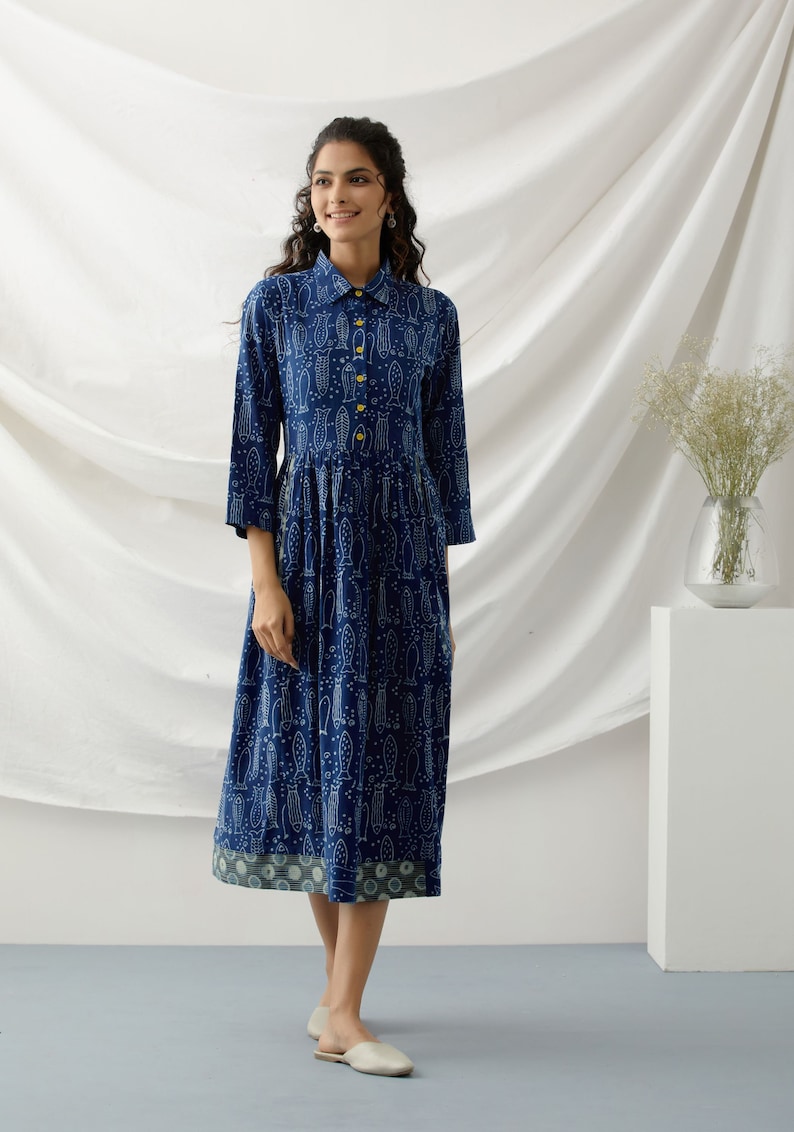 Indigo Fish Print Dress | Etsy