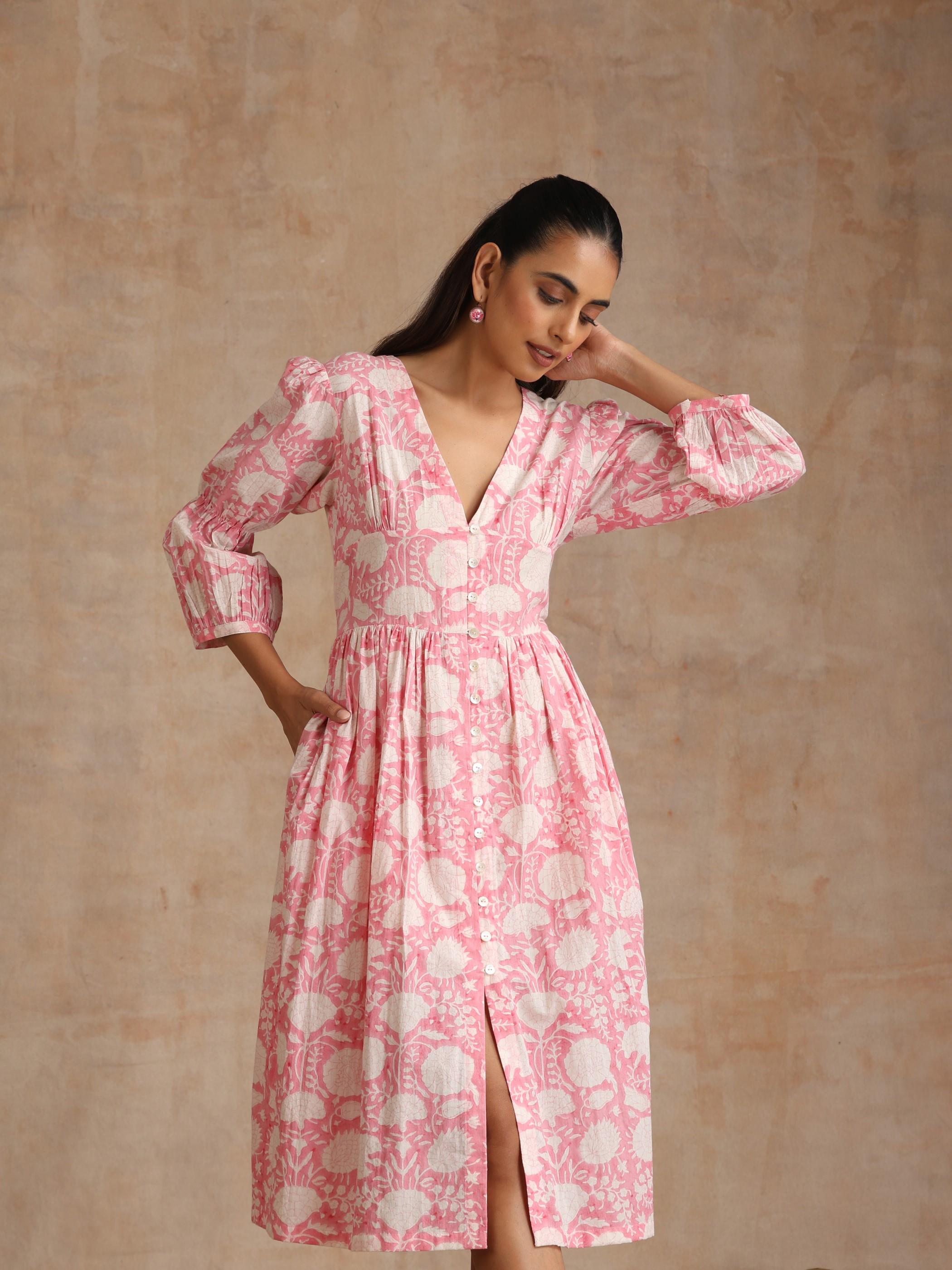 Deep Neck Block Print Floral Pink Dress With Pleats - Etsy